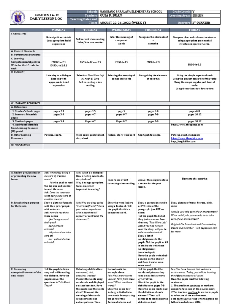 DLL English-5 Q1 W1 | PDF | Word | Verb