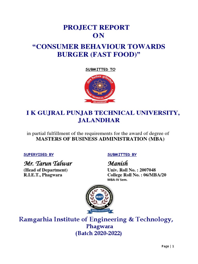 Project Report ON "Consumer Behaviour Towards Burger (Fast Food ...