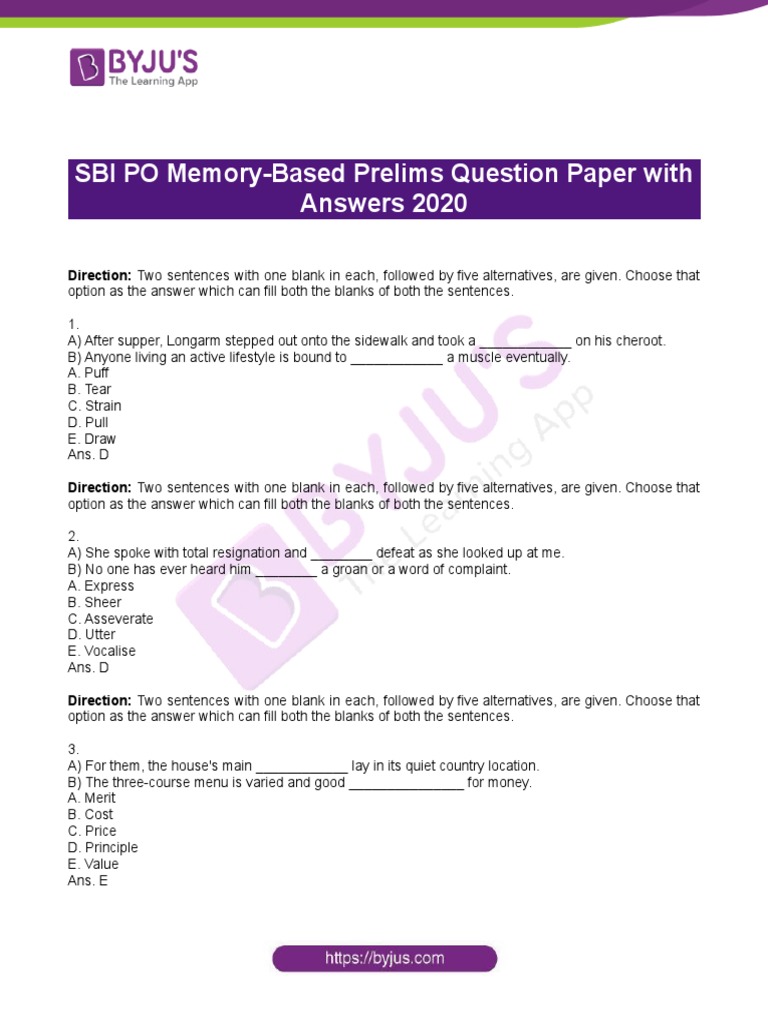 SBI PO Memory-Based Prelims Question Paper With Answers 2020 | PDF ...