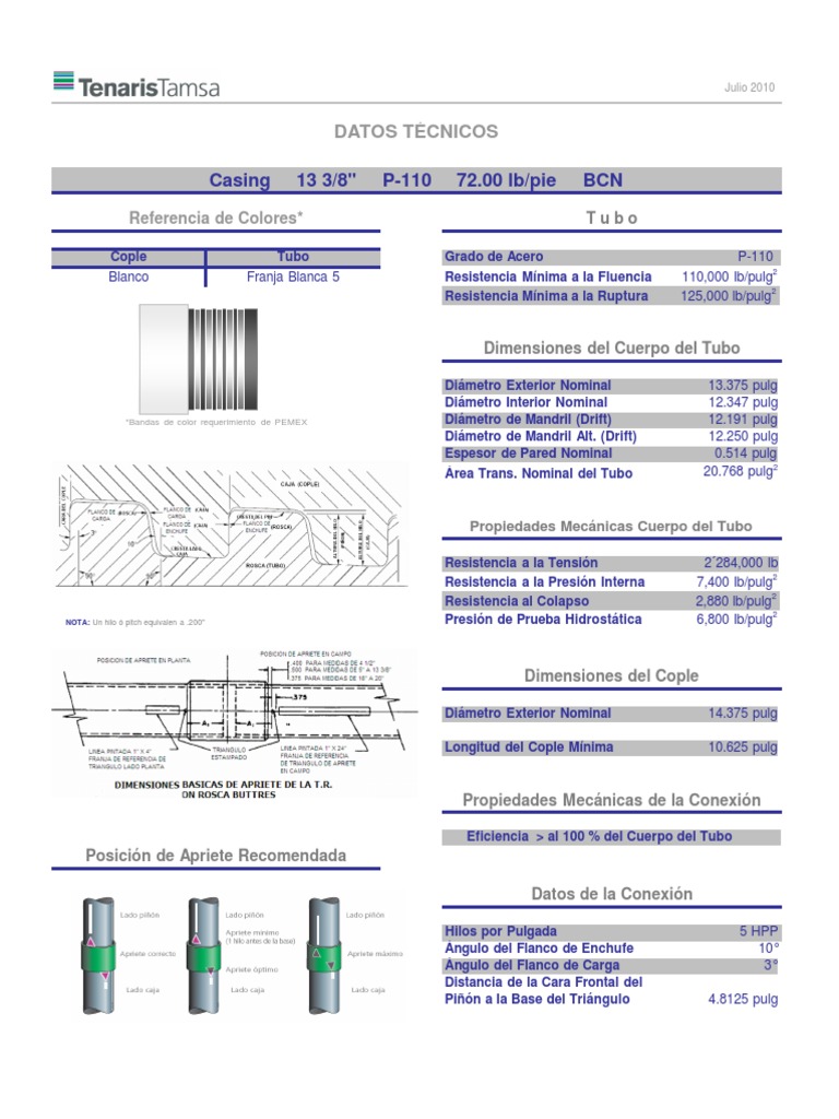 Casing 13 3/8" P-110 72.00 Lb/pie BCN: Datos Técnicos | PDF