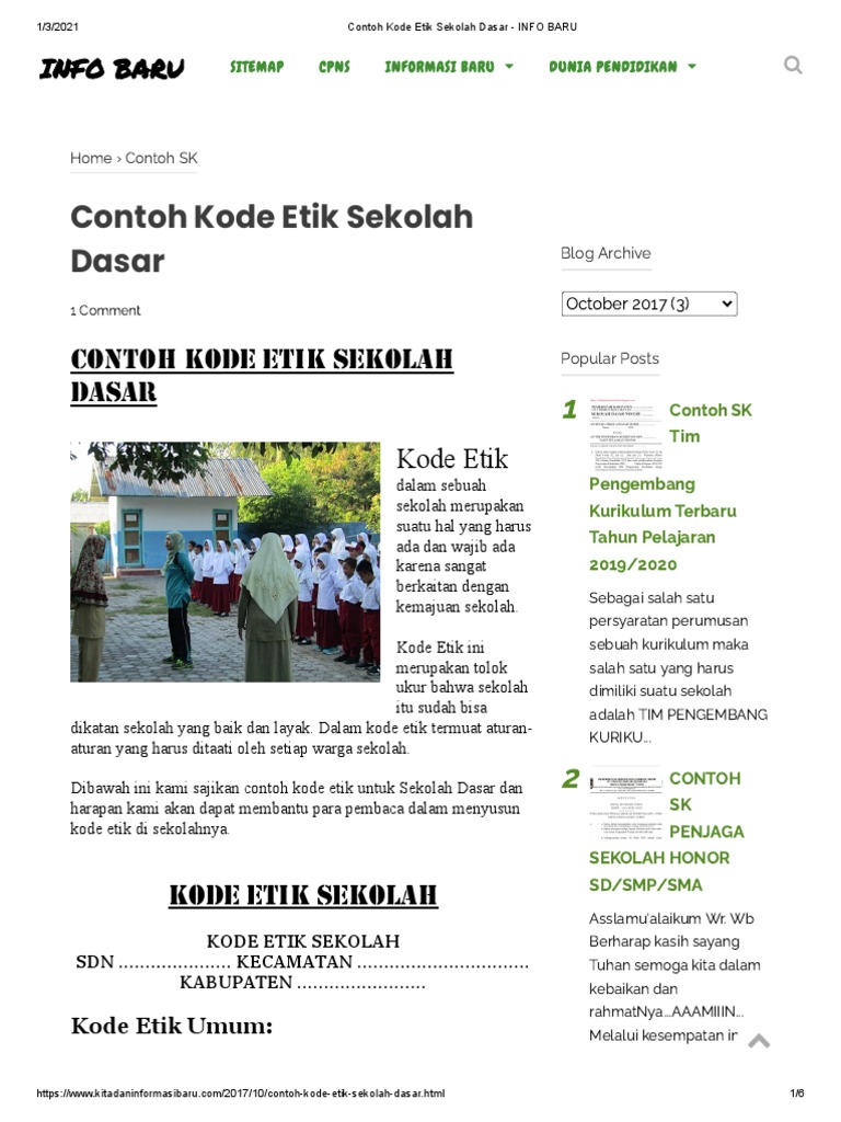 Contoh Kode Etik Sekolah Dasar - INFO BARU | PDF