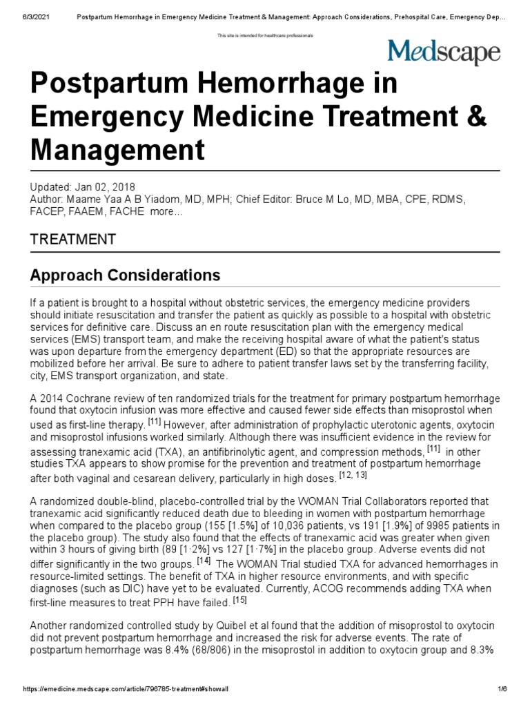 Postpartum Hemorrhage in Emergency Medicine Treatment & Management ... Postpartum Hemorrhage in Emergency Medicine Treatment & Management ...