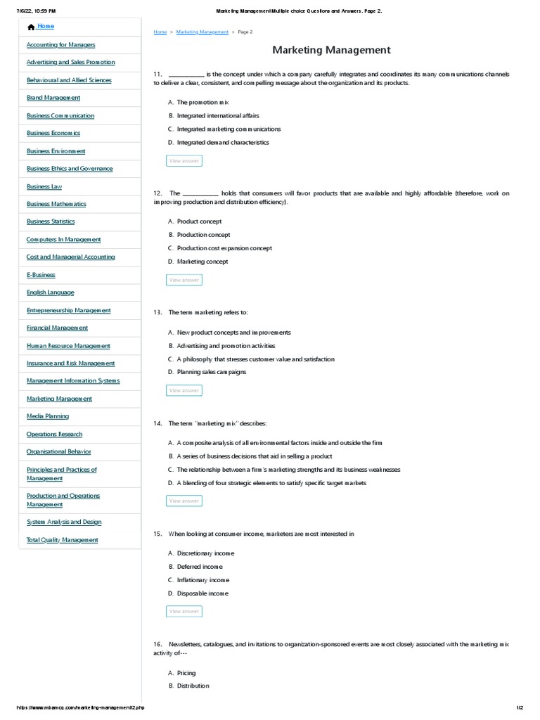 Marketing Management Multiple Choice Questions and Answers. Page 2 | Download Free PDF ...