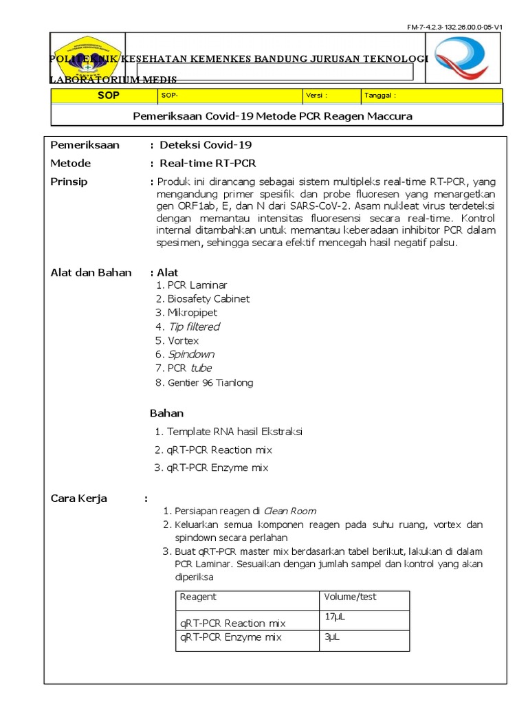SOP Pemeriksaan Covid-19 Metode PCR Reagen Maccura | PDF