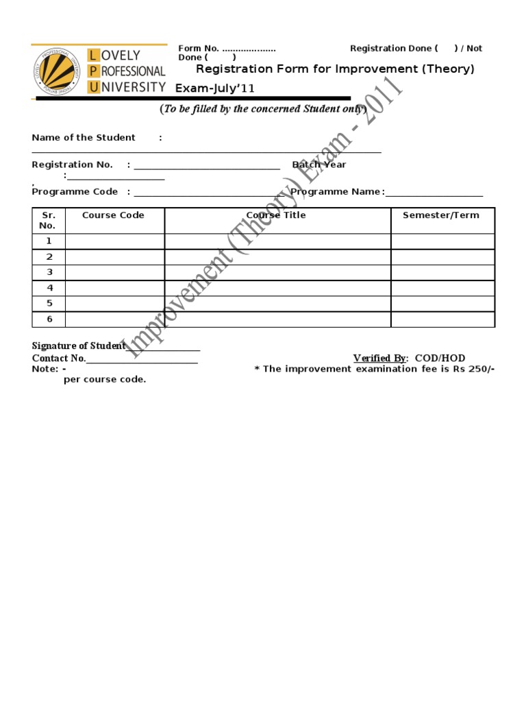Improvement Exam Registration Form | PDF | Career & Growth