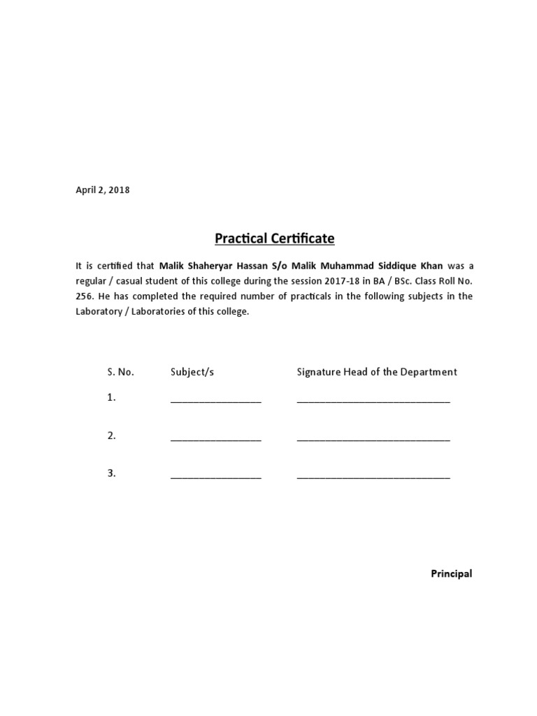 Practical Certificate CCG | PDF | Bachelor Of Arts | Academic Degree