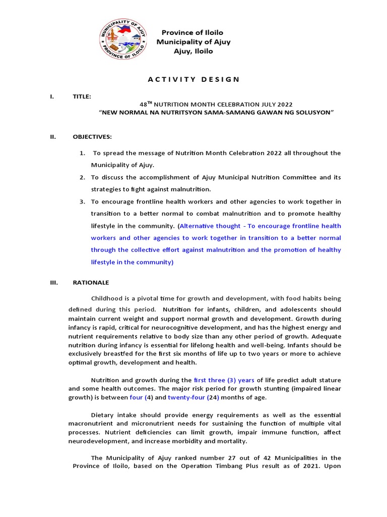 Activity Design - Nutrition Month July 2022 | PDF | Human Nutrition ...