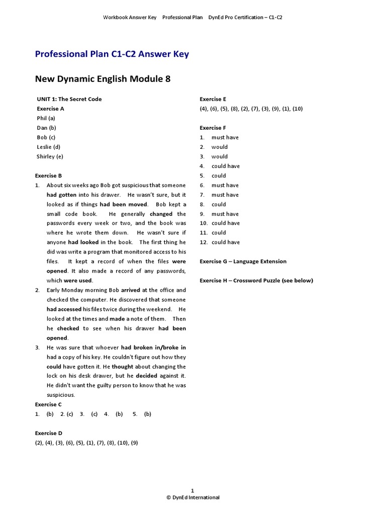Workbook Answer Key Professional Plan DynEd Pro Certification C1-C2 ...