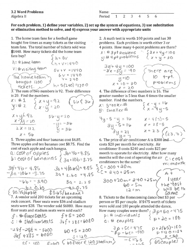 3.2 Word Problems Alg II Answer Key | PDF