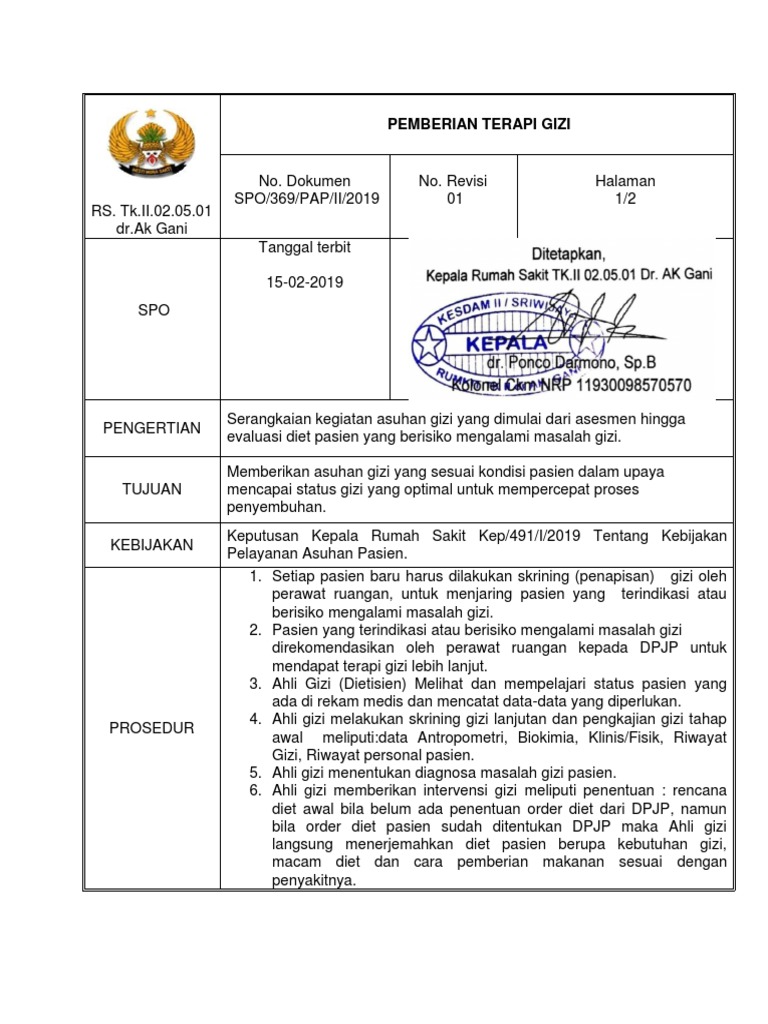 Pap 5. Ep 3.3 Spo Pemberian Terapi Gizi Snars | PDF