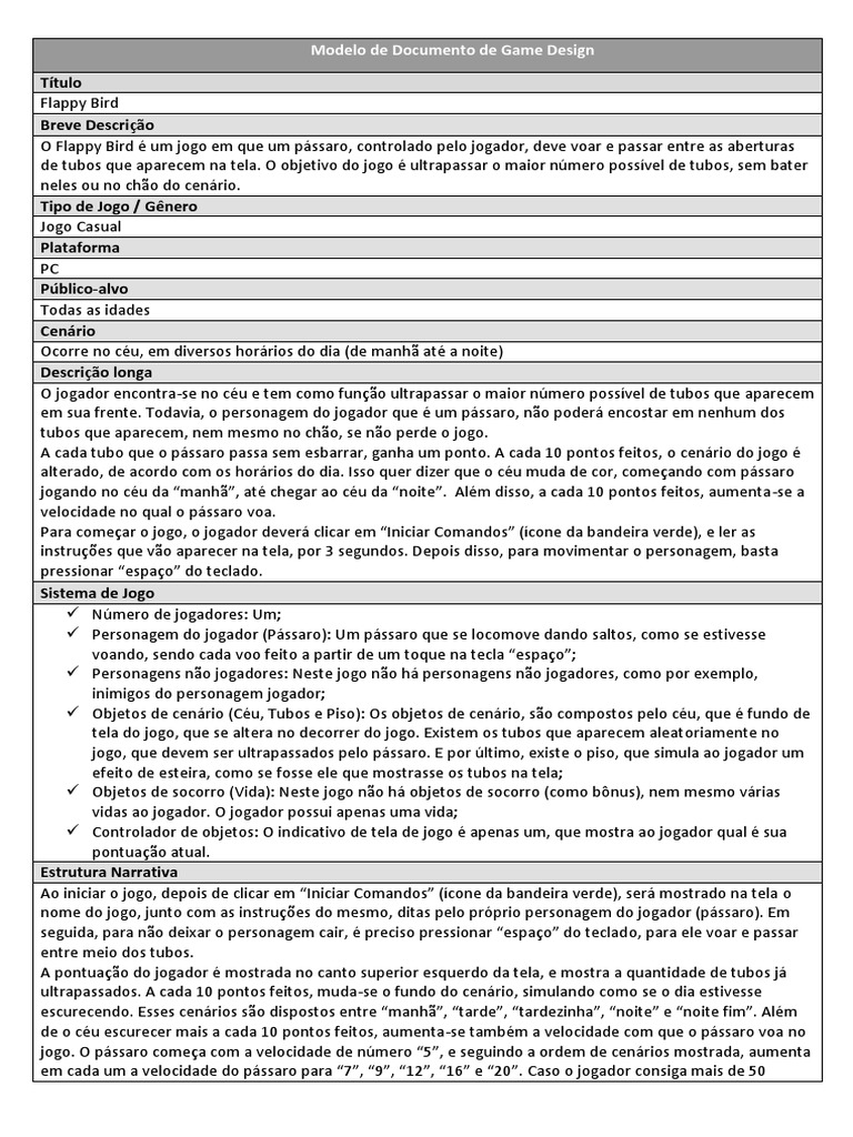Flappy Bird Game Design Document Pdf Voo Videogames 