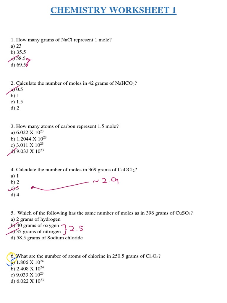 CHEMISTRY WORKSHEET 1 | PDF | Molecules | Mole (Unit)