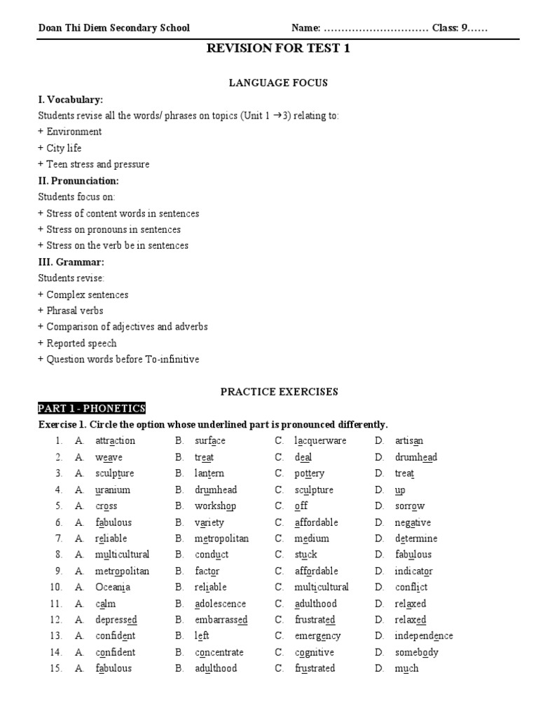 Grade 9 Test 1 Revision Guide | PDF | Stress (Linguistics) | Embroidery