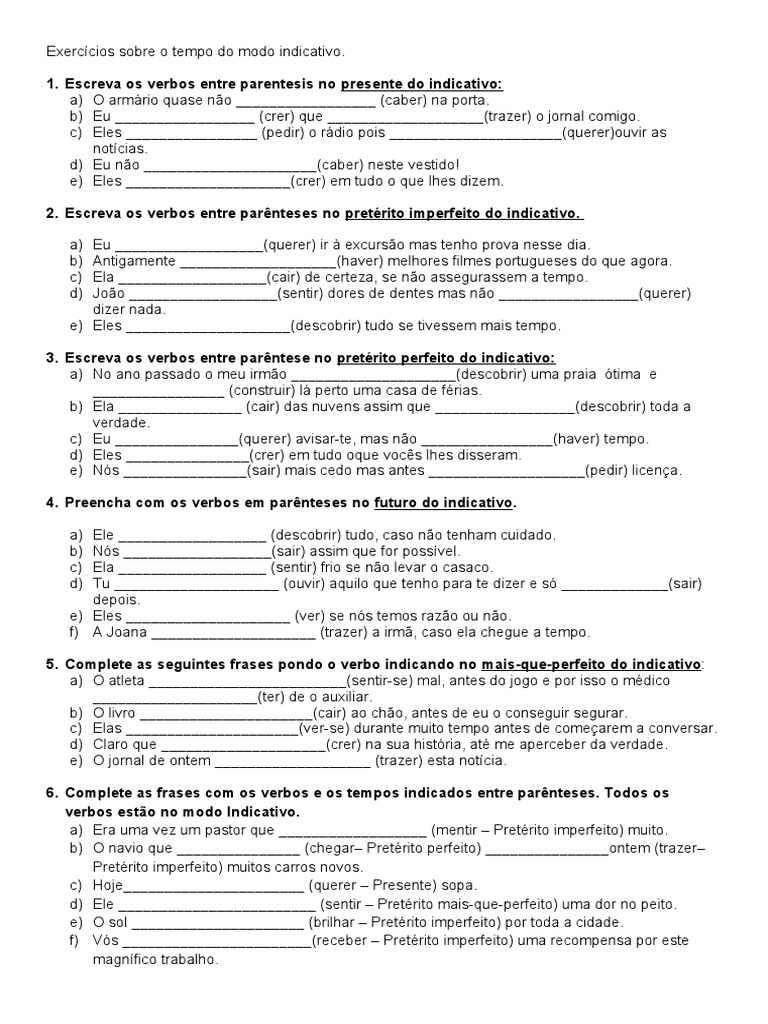 Exercícios Sobre o Tempo de Modo Indicativo | PDF