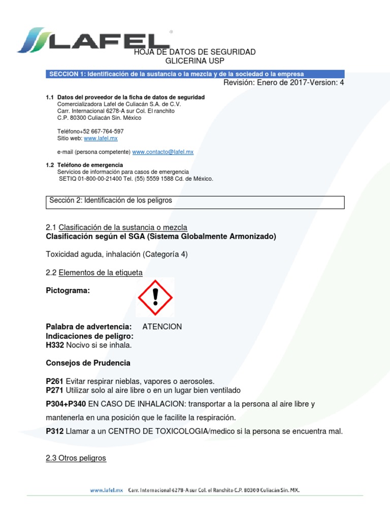 GLICERINA USP Hoja de Seguridad | PDF | Agua | Solubilidad