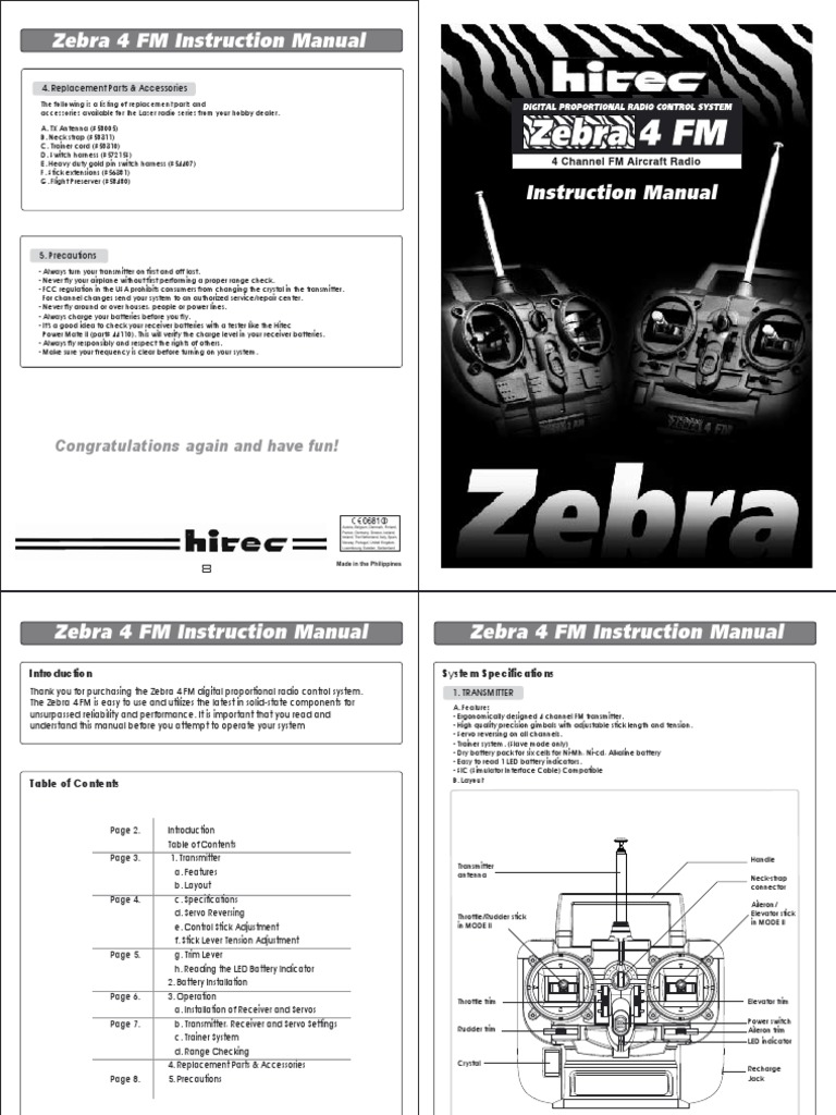 Hitec Zebra 4ch Transmitter Manual | PDF | Flight Control Surfaces | Radio