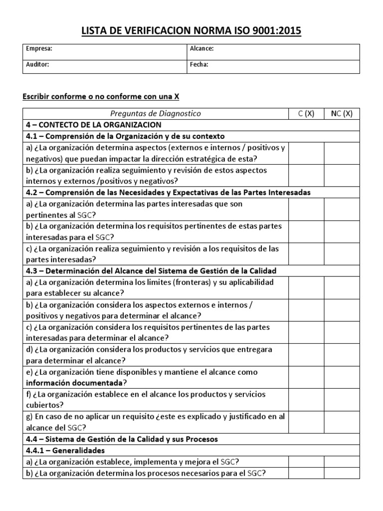Lista de Verificacion Norma Iso 9001 | PDF | Calidad (comercial ...