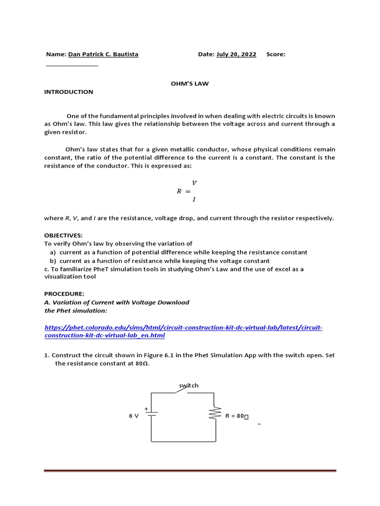Activity On Ohms Law For Laboratory (Bautista) | PDF | Electrical Resistance And Conductance ...