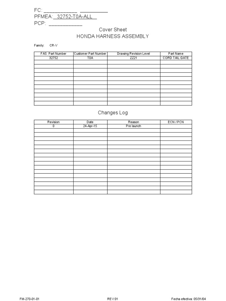 PCP: - Cover Sheet Honda Harness Assembly FC: - PFMEA: 32752-T0A-ALL | PDF | Electrical ...