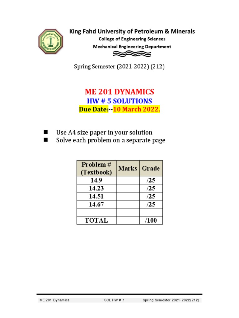 Me 201 Dynamics: HW # 5 Solutions | PDF
