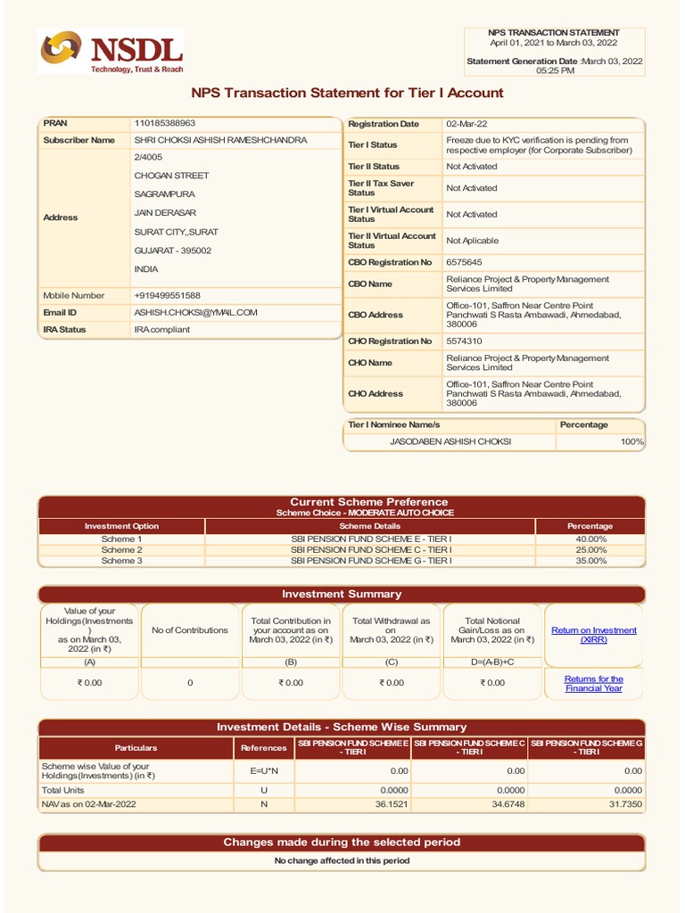 NPS Transaction Statement For Tier I Account: Current Scheme Preference ...