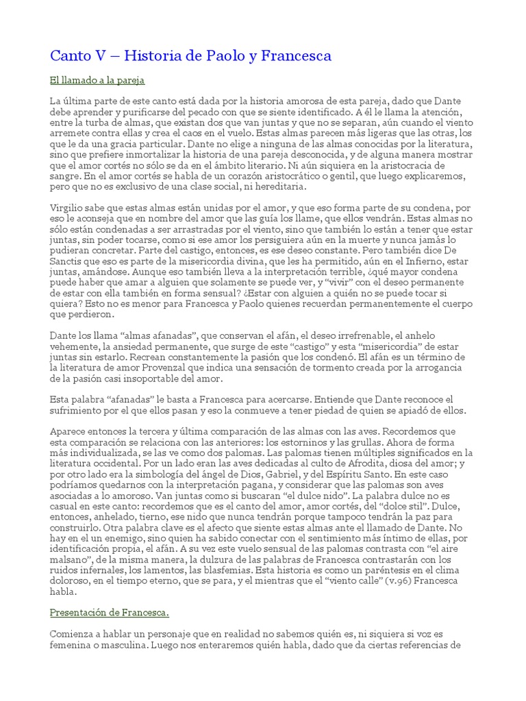 Canto V. Paolo y Francesca | PDF | Amor | Dante Alighieri