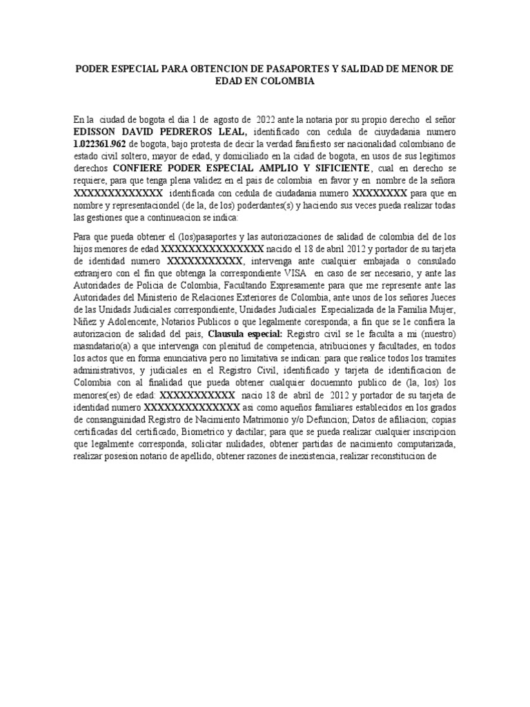 Poder Especial para Obtencion de Pasaportes y Salidad de Menor de Edad ...