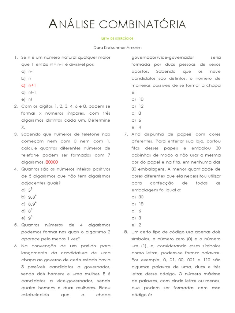 Aula 4 - Análise Combinatória - Lista de Exercícios | PDF ... Aula 4 - Análise Combinatória - Lista de Exercícios | PDF ...