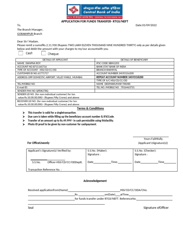Application For Funds Transfer-Rtgs/Neft | PDF | Economy Of India ...