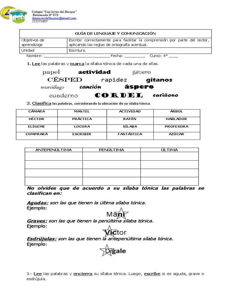Guias Clasificacion Palabras Agudas Graves y Esdr 4 Basico | PDF | Lingüística | Fonología