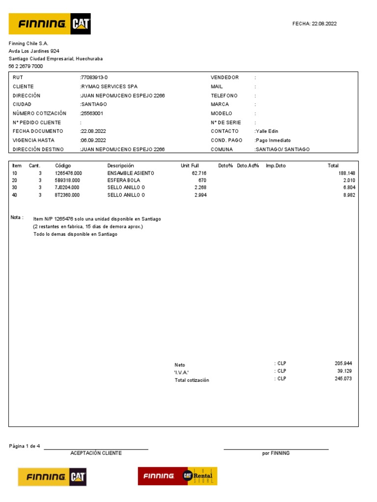 Cotización Finning Chile para Rymaq Services | PDF | Business | Oferta ...