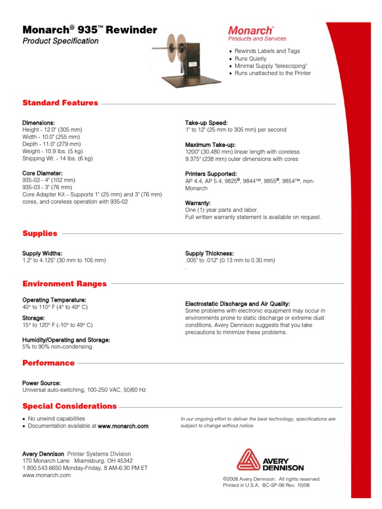 Monarch 935 Rewinder: Standard Features | PDF