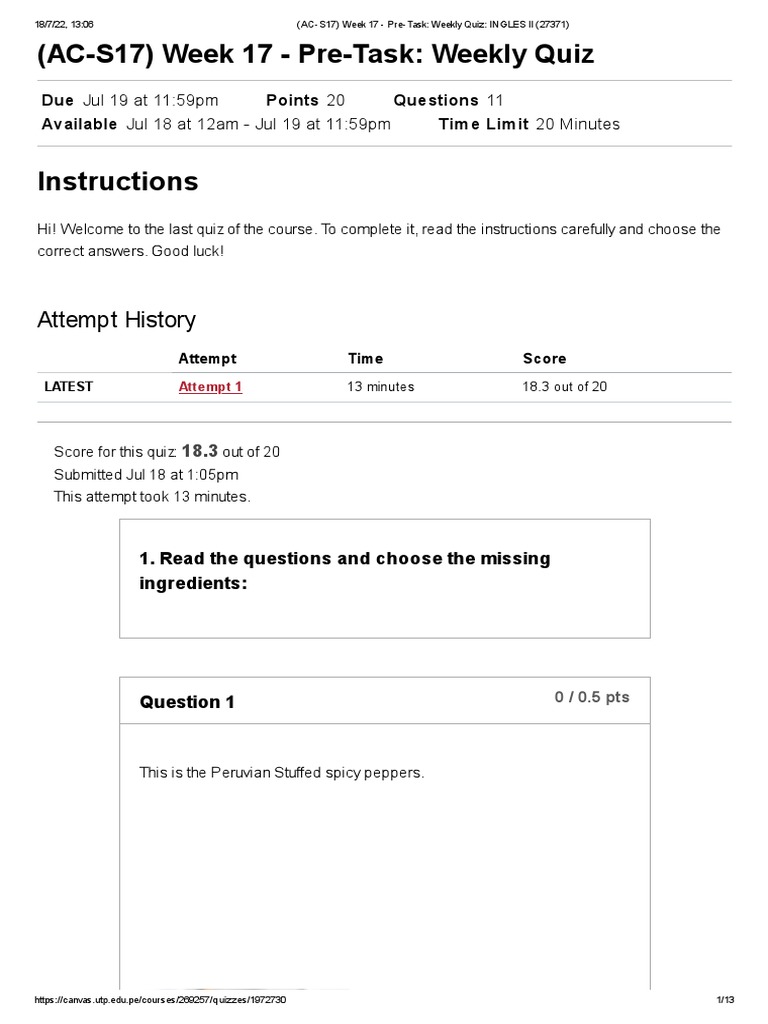 (AC-S17) Week 17 - Pre-Task - Weekly Quiz - INGLES II (27371) | PDF | Food And Drink Preparation ...