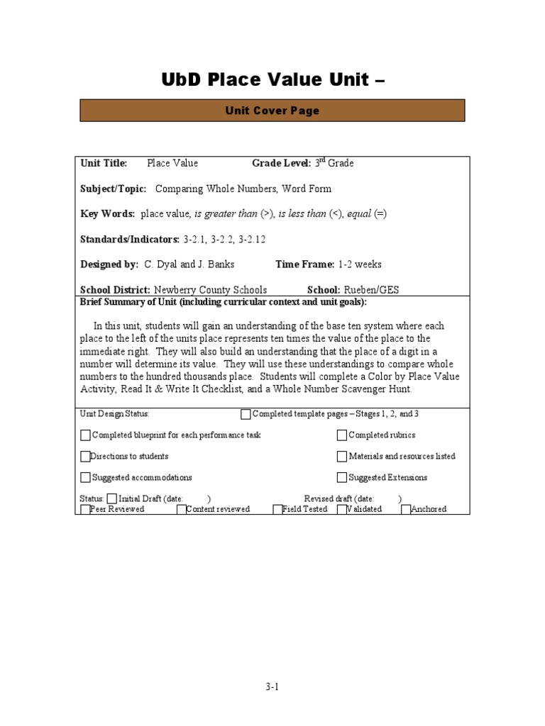 Ubd Place Value Unit - : Brief Summary of Unit (Including Curricular ...