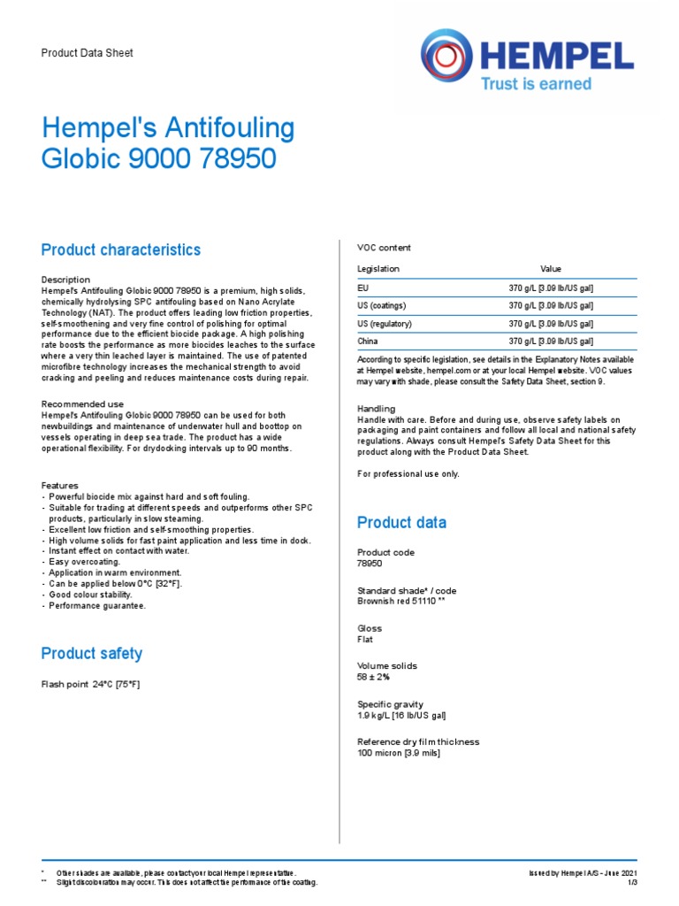 Hempel's Antifouling Globic 9000 78950: Product Characteristics | PDF ...