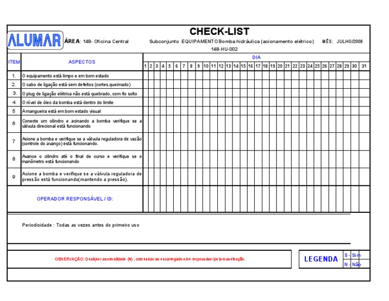 Check List Da Bomba Hidráulica (Acion. Elétrico) | PDF