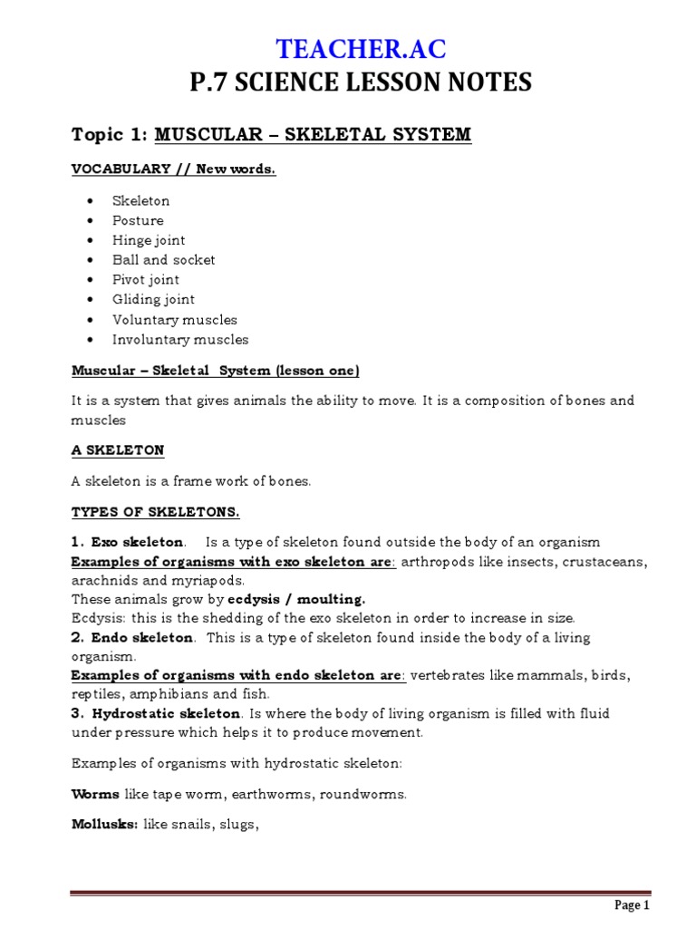 P.7 Best Science Notes Term One - Teacher - Ac | PDF | Skeleton ...