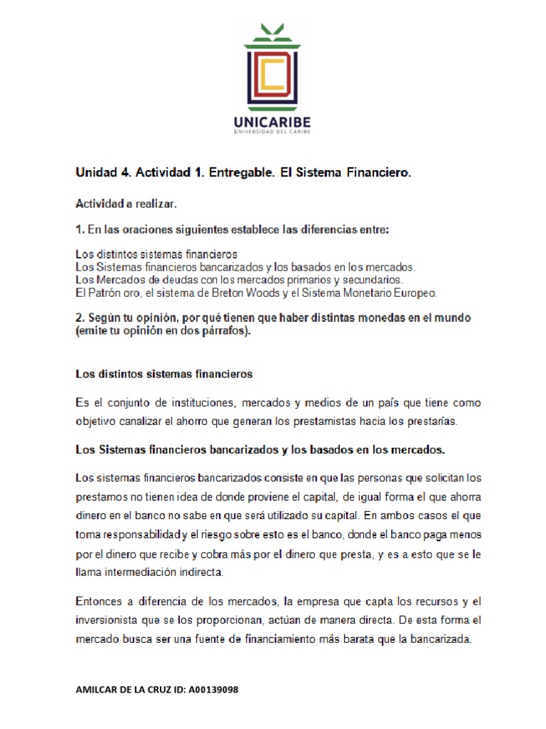 Unidad 4. Actividad 1. Entregable. El Sistema Financiero. | PDF