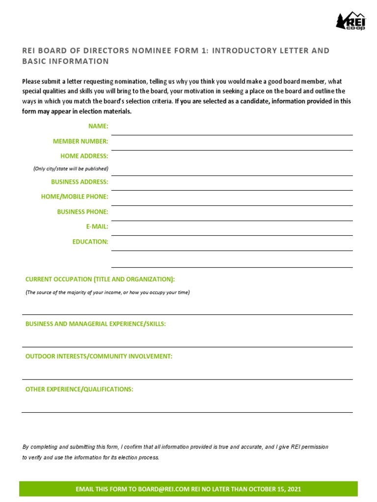 Rei Board of Directors Nominee Form 1: Introductory Letter and Basic ...