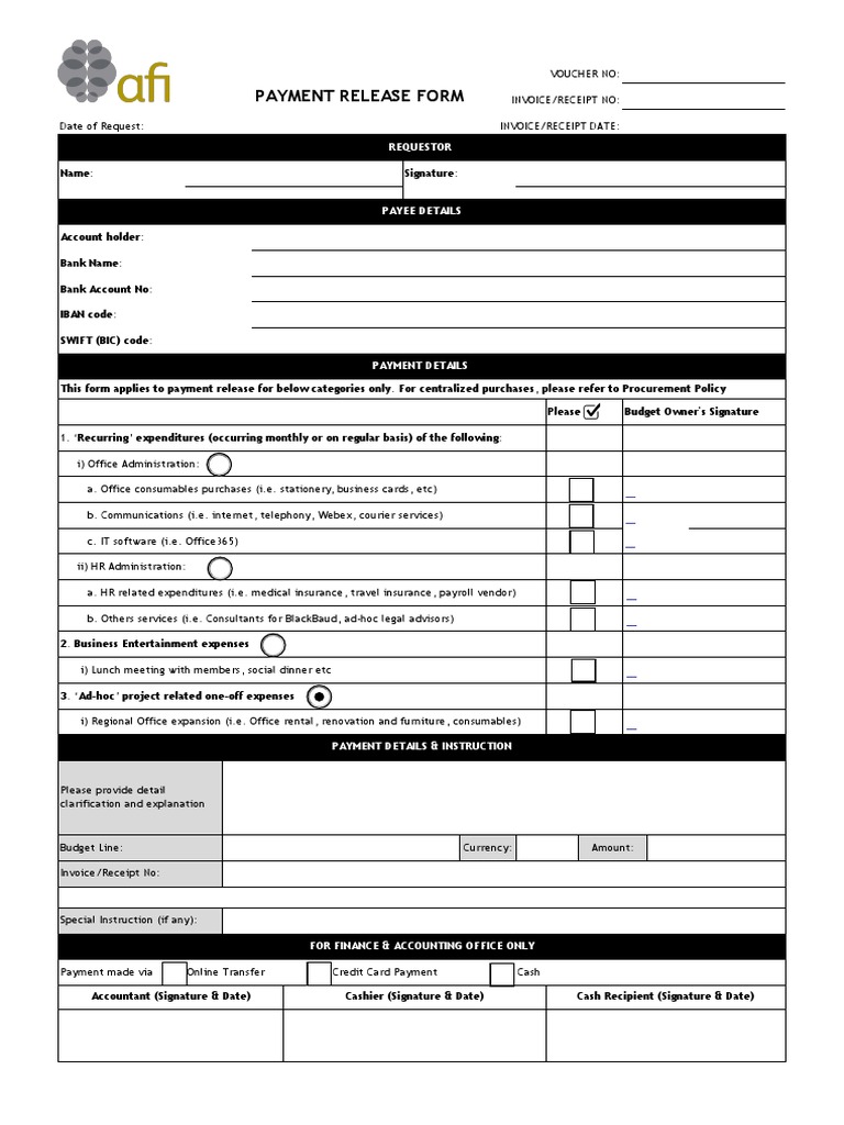 Payment Release Form - V1.0 (Any Other Pymt Request) | PDF | Payments ...