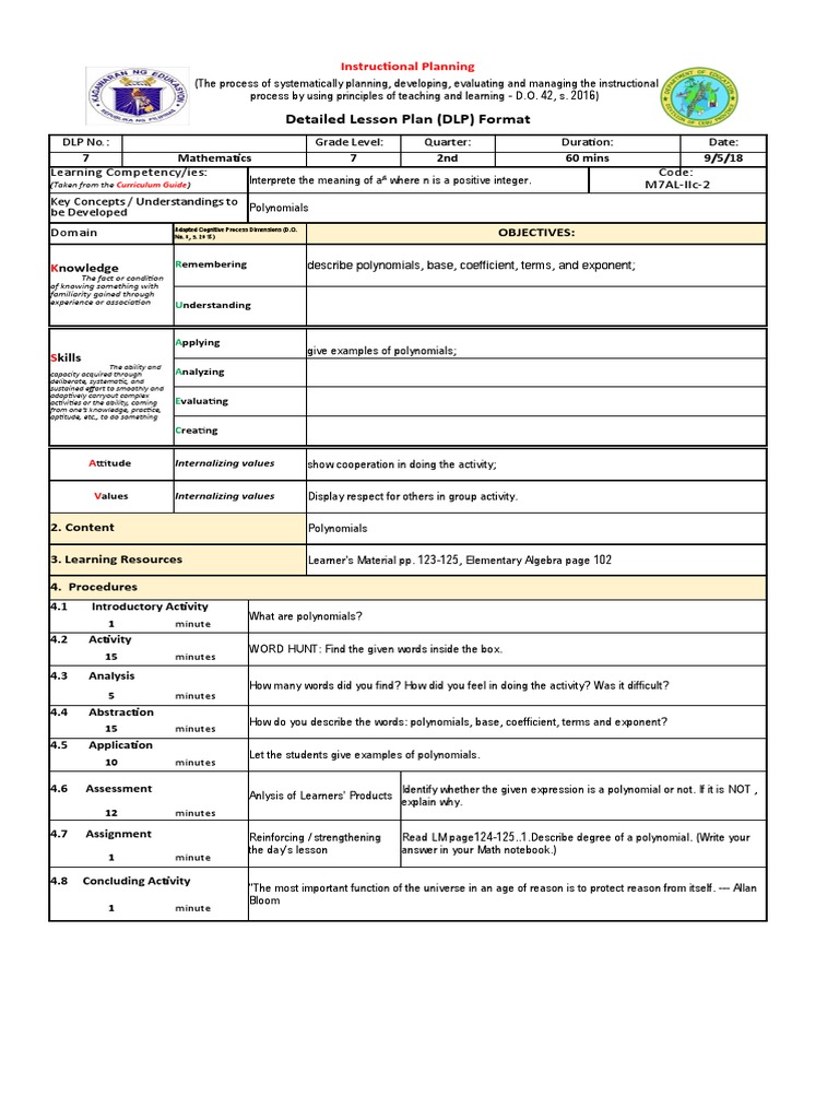 Detailed Lesson Plan (DLP) Format: Learning Competency/Ies: Code: M7Al ...