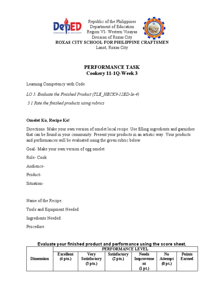 Performance Task Cookery 11-1Q-Week 3: Roxas City School For Philippine Craftsmen | PDF | Cakes ...