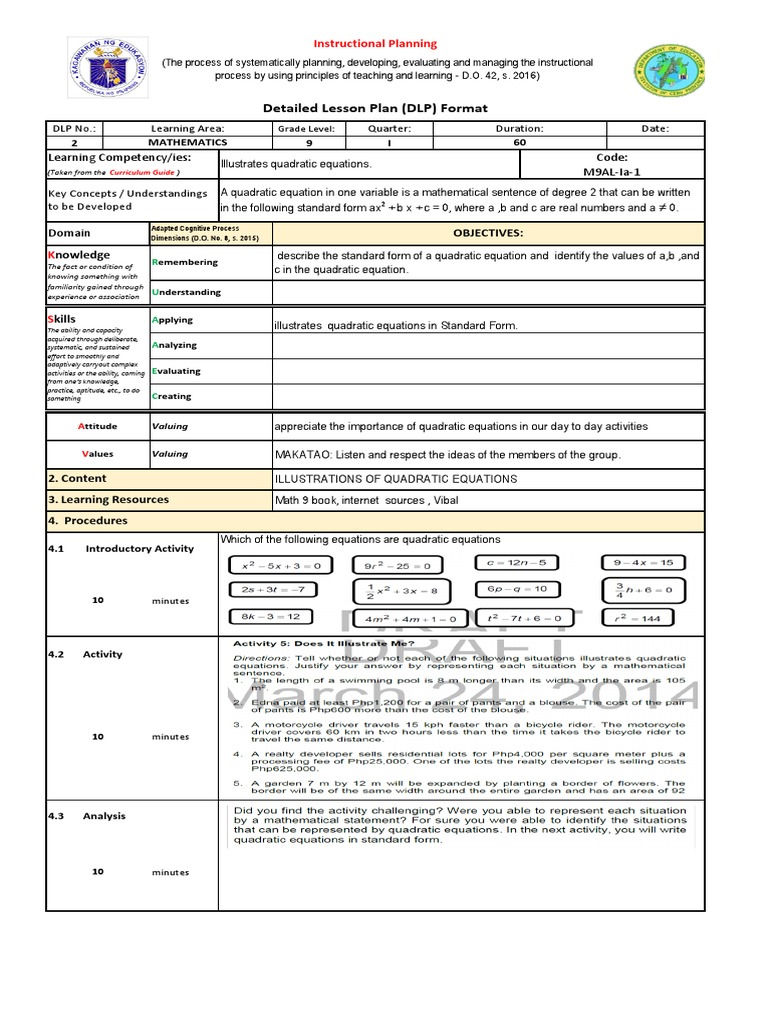 Detailed Lesson Plan (DLP) Format: Objectives | PDF | Learning | Equations