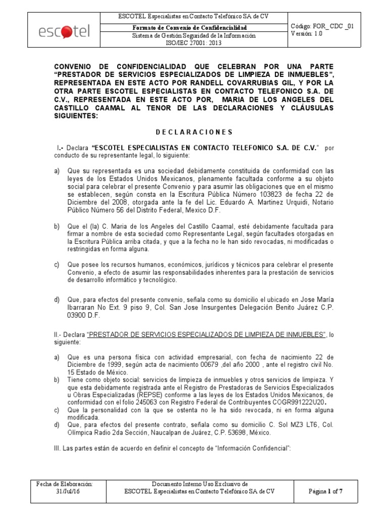FOR - CDC - 01 Formato de Convenio de Confidencialidad | PDF | Tratado | Propiedad intelectual