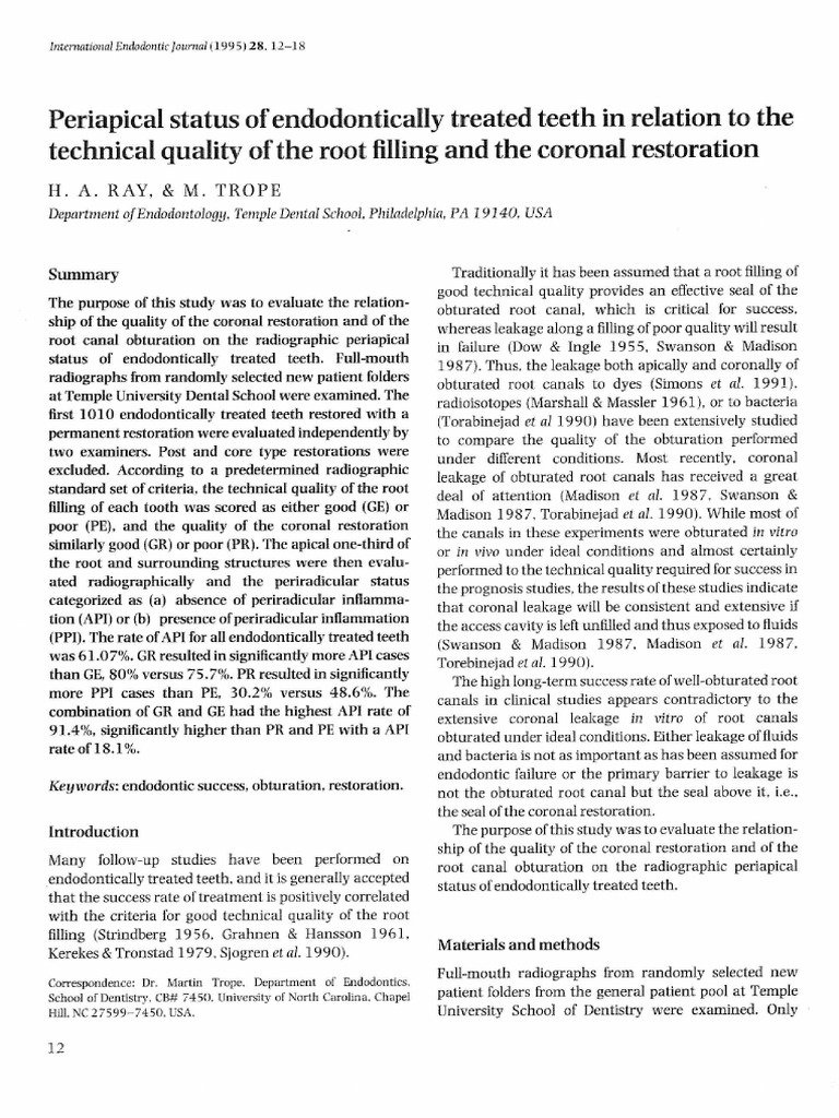 Periapical Status of Endodontically Treated Teeth in Relation To The ...