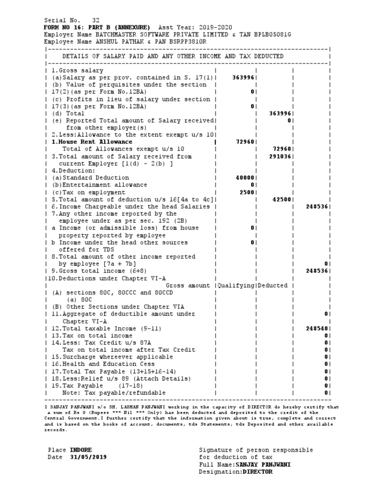FORM NO 16: PART B (ANNEXURE) Asst Year: 2019-2020 | PDF | Tax ...