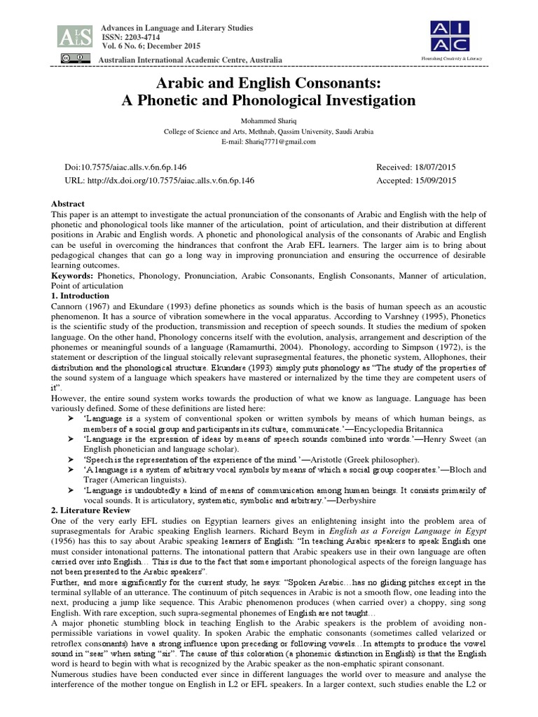 Arabic and English Consonants: A Phonetic and Phonological ...