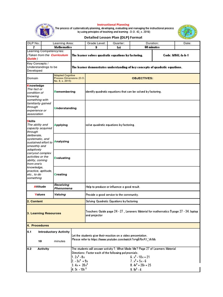 Detailed Lesson Plan (DLP) Format | PDF | Learning | Cognition