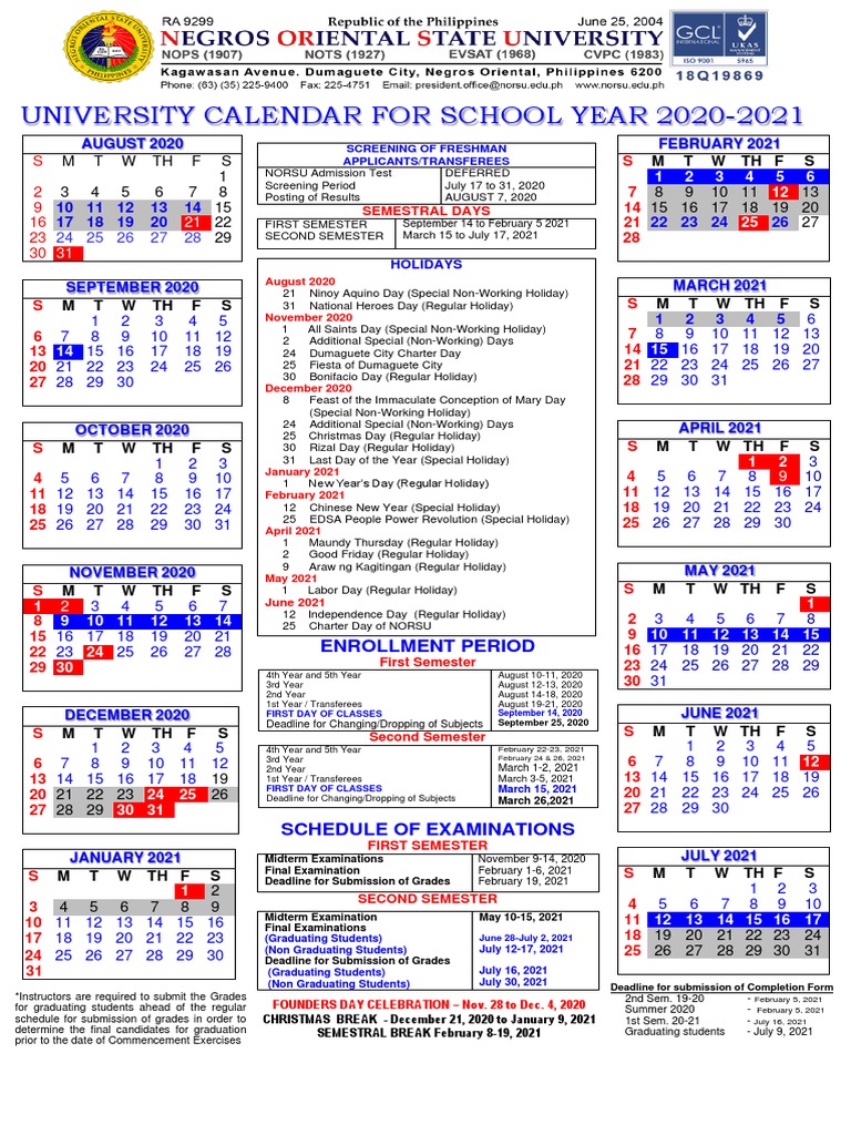 NORSU Academic Calendar 2020-2021 | PDF | Academic Term | Final Examination