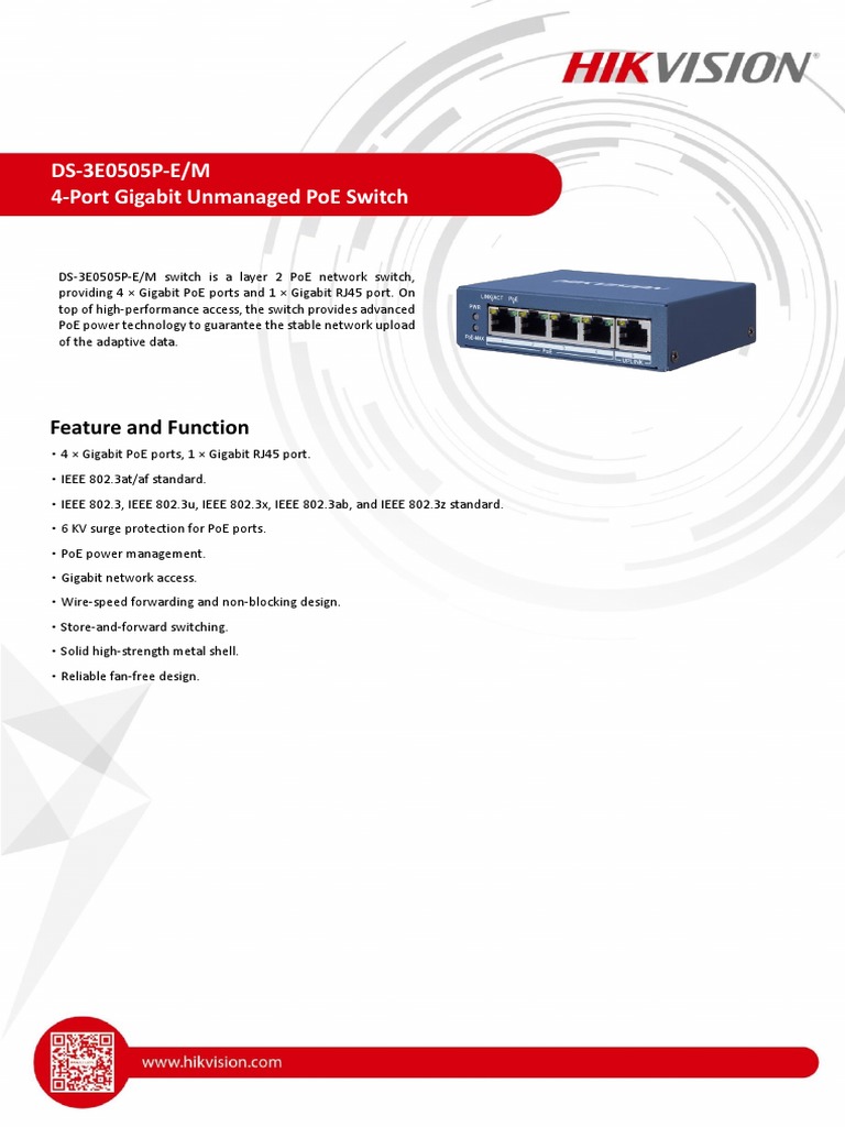 DS 3E0505P EM 4 Port Gigabit Unmanaged PoE Switch | PDF | Network Switch | Computer Network